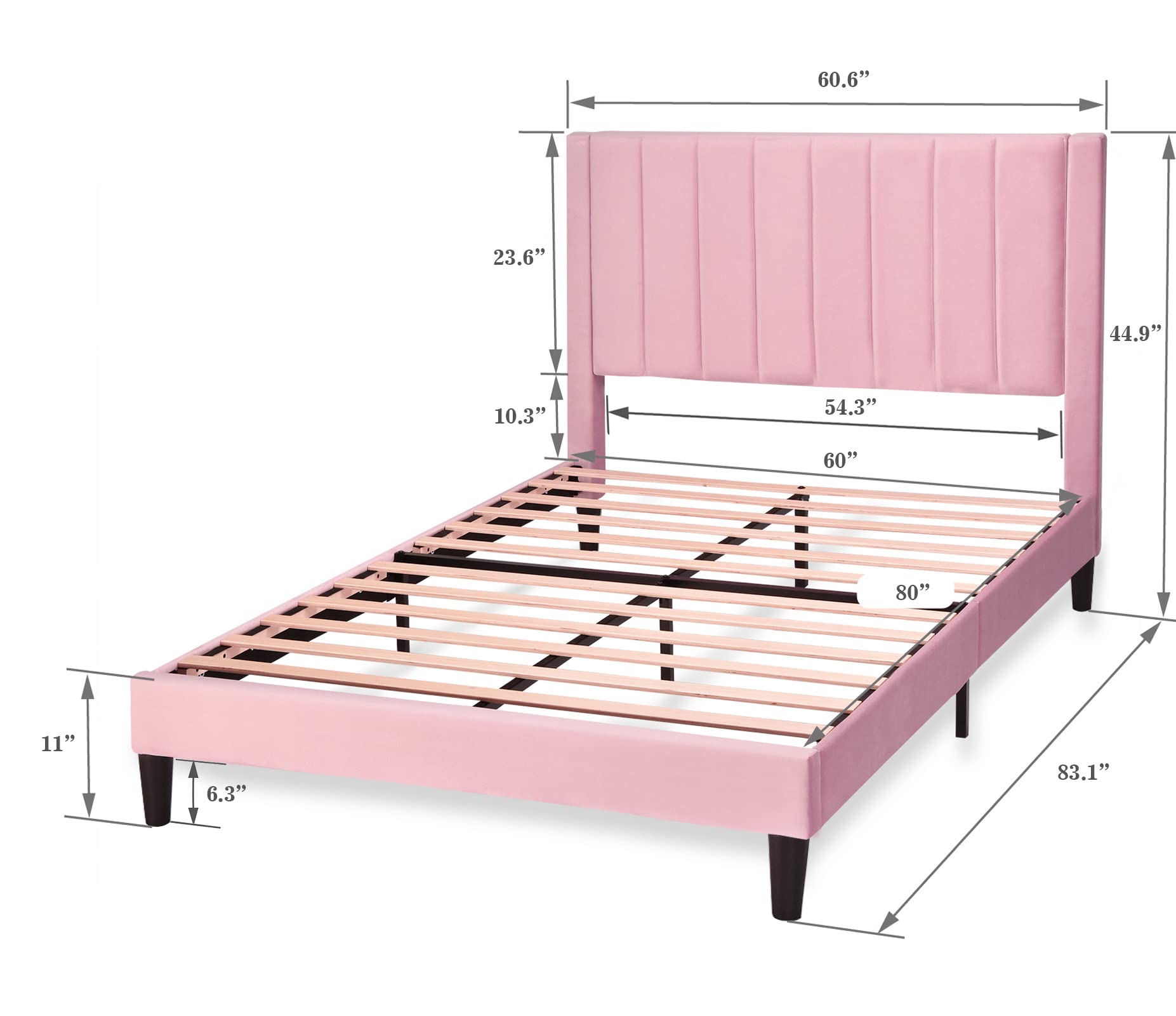 Allewie Queen Bed Frame/Velvet Upholstered Bed Frame with Vertical Channel Tufted Headboard/Strong Wooden Slats/Platform Bed Frame/Mattress Foundation/Box Spring Optional/Easy Assembly/Pink