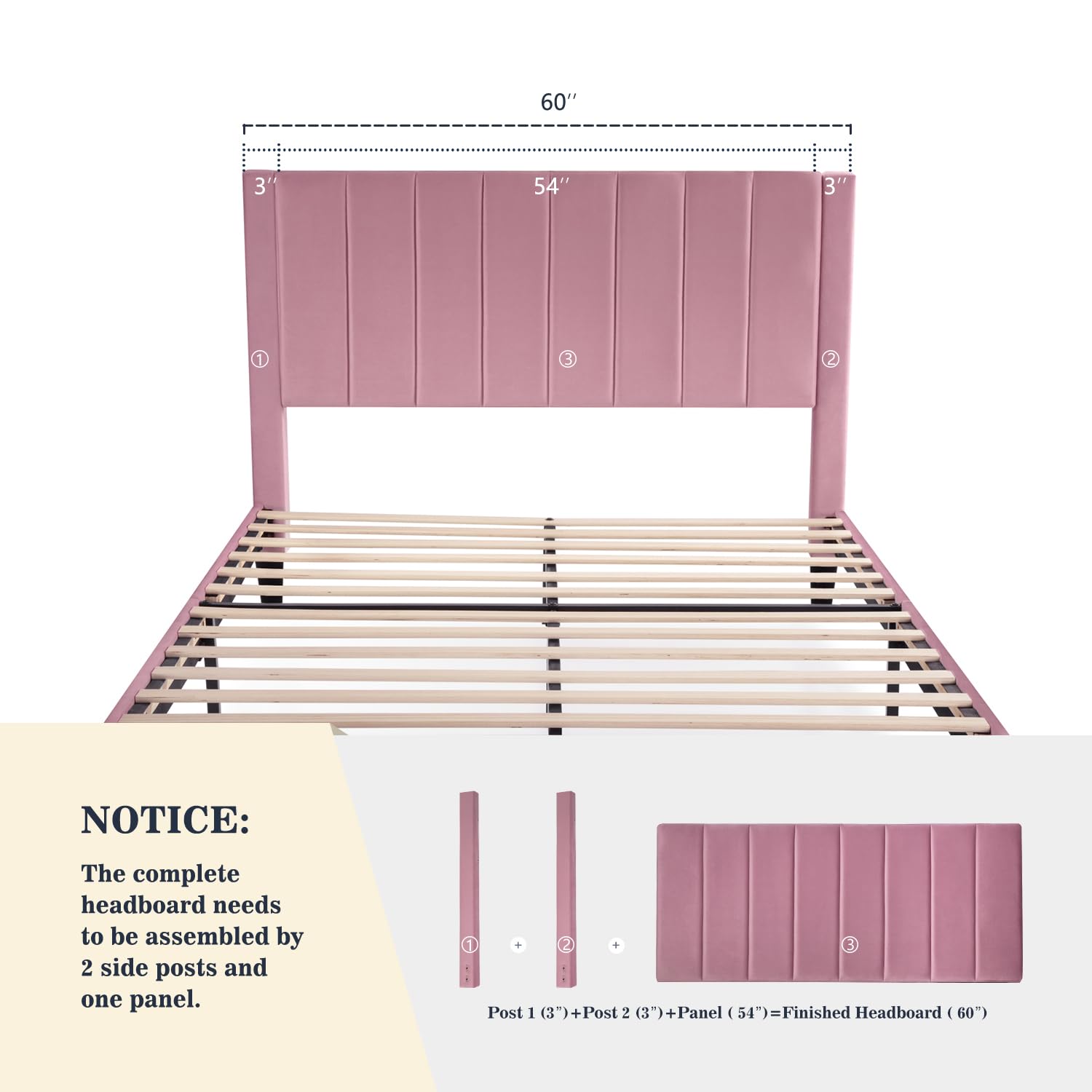 Allewie Queen Bed Frame/Velvet Upholstered Bed Frame with Vertical Channel Tufted Headboard/Strong Wooden Slats/Platform Bed Frame/Mattress Foundation/Box Spring Optional/Easy Assembly/Pink