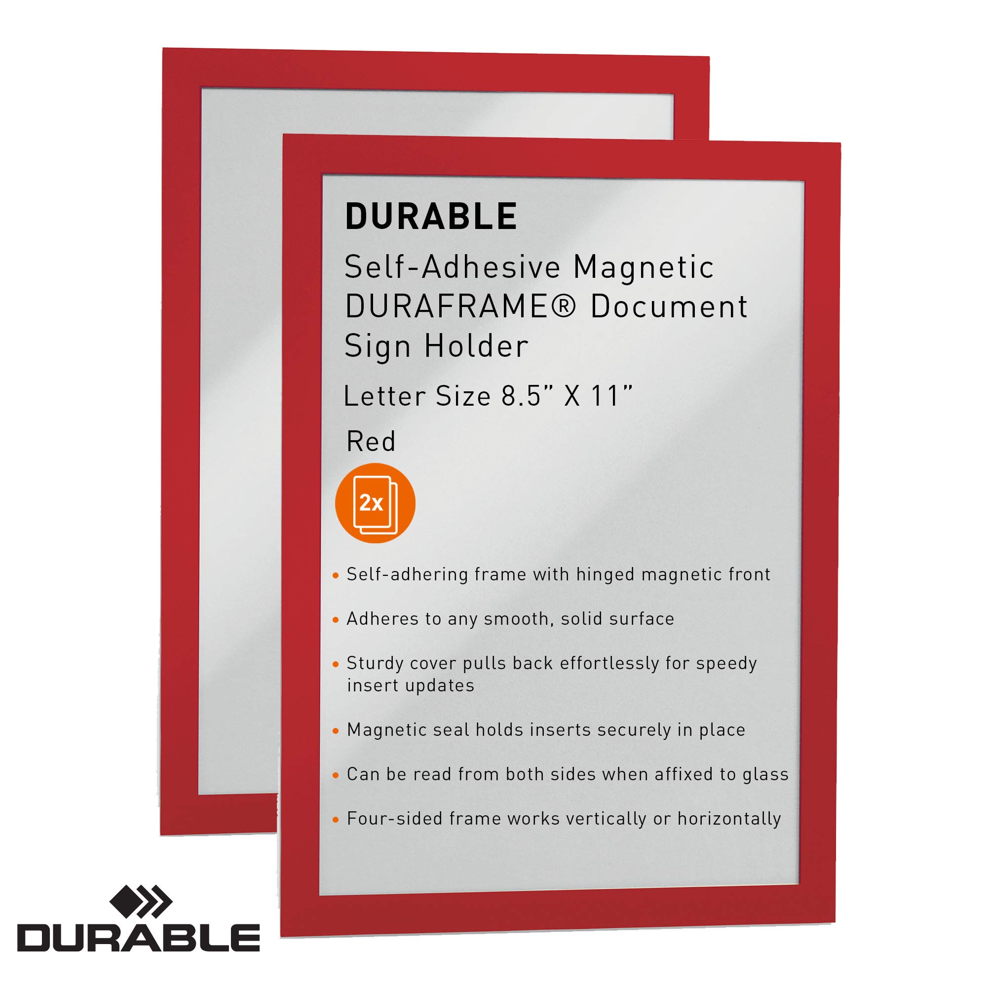 DURABLE Self-Adhesive Magnetic DURAFRAME Document Sign Holder, Letter-Size 8-1/2" x 11", Red, 2 Pack (476803)