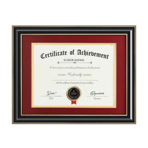 elsker&home 8.5x11 document frame - high gloss black wood color frame - made for certificates sized 8.5x11 inch with mat and 11x14 inch without mat (double mat, red with golden rim)