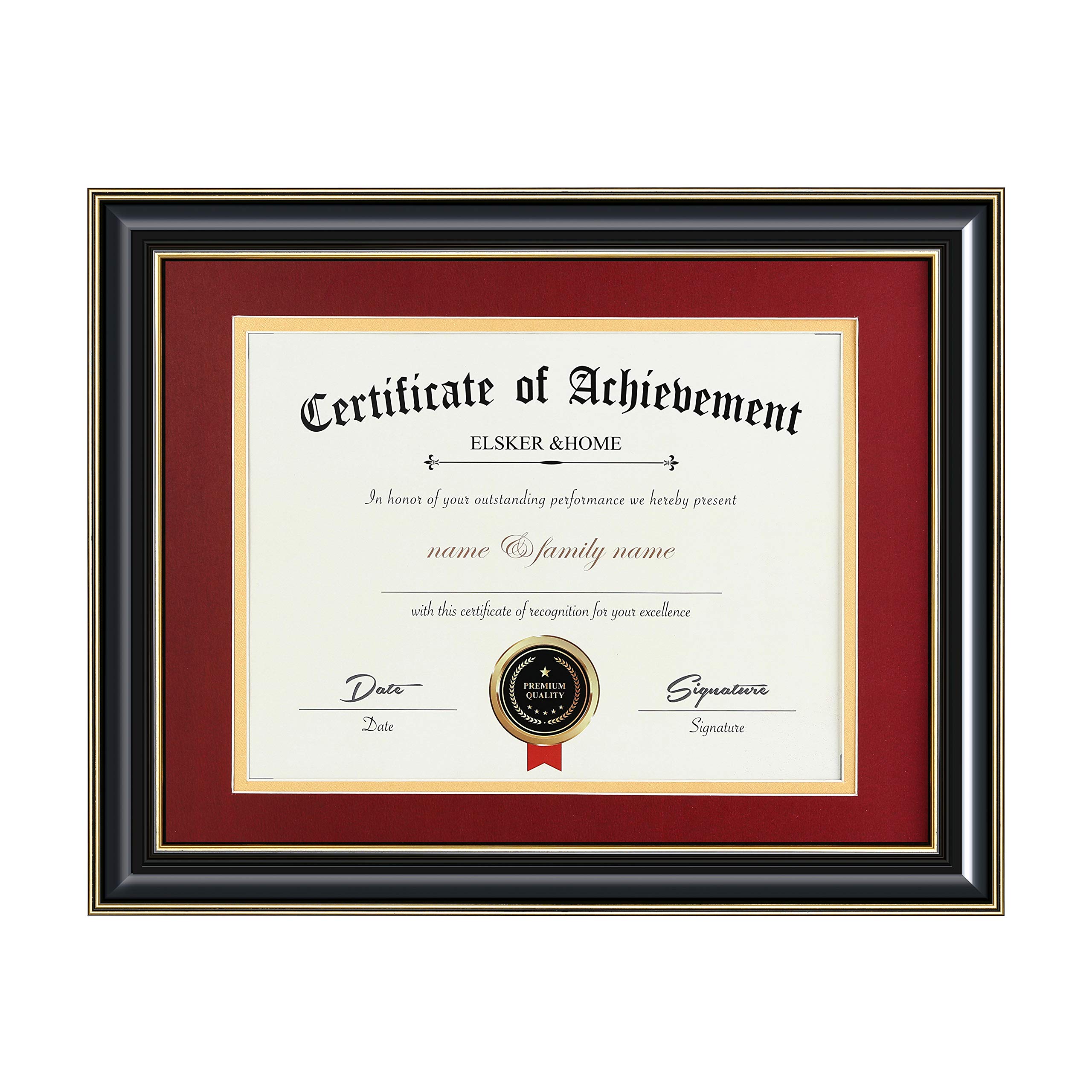 ELSKER&HOME 8.5x11 Document Frame - High Gloss Black Wood Color Frame - Made for Certificates Sized 8.5x11 Inch with Mat and 11x14 Inch Without Mat (Double Mat, Red with Golden Rim)