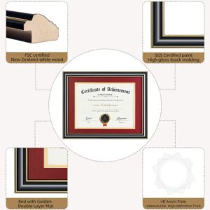 ELSKER&HOME 8.5x11 Document Frame - High Gloss Black Wood Color Frame - Made for Certificates Sized 8.5x11 Inch with Mat and 11x14 Inch Without Mat (Double Mat, Red with Golden Rim)