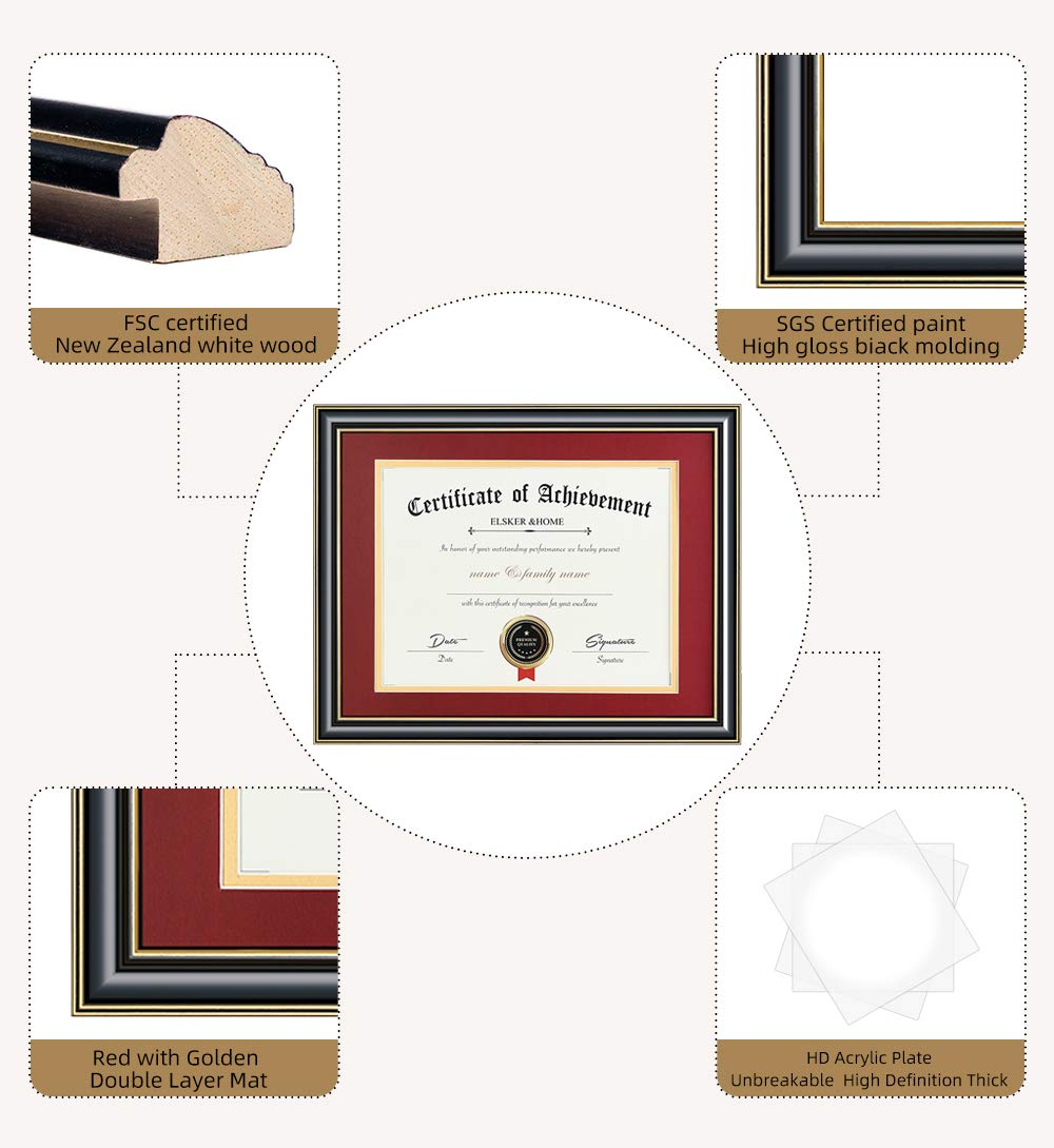 ELSKER&HOME 8.5x11 Document Frame - High Gloss Black Wood Color Frame - Made for Certificates Sized 8.5x11 Inch with Mat and 11x14 Inch Without Mat (Double Mat, Red with Golden Rim)