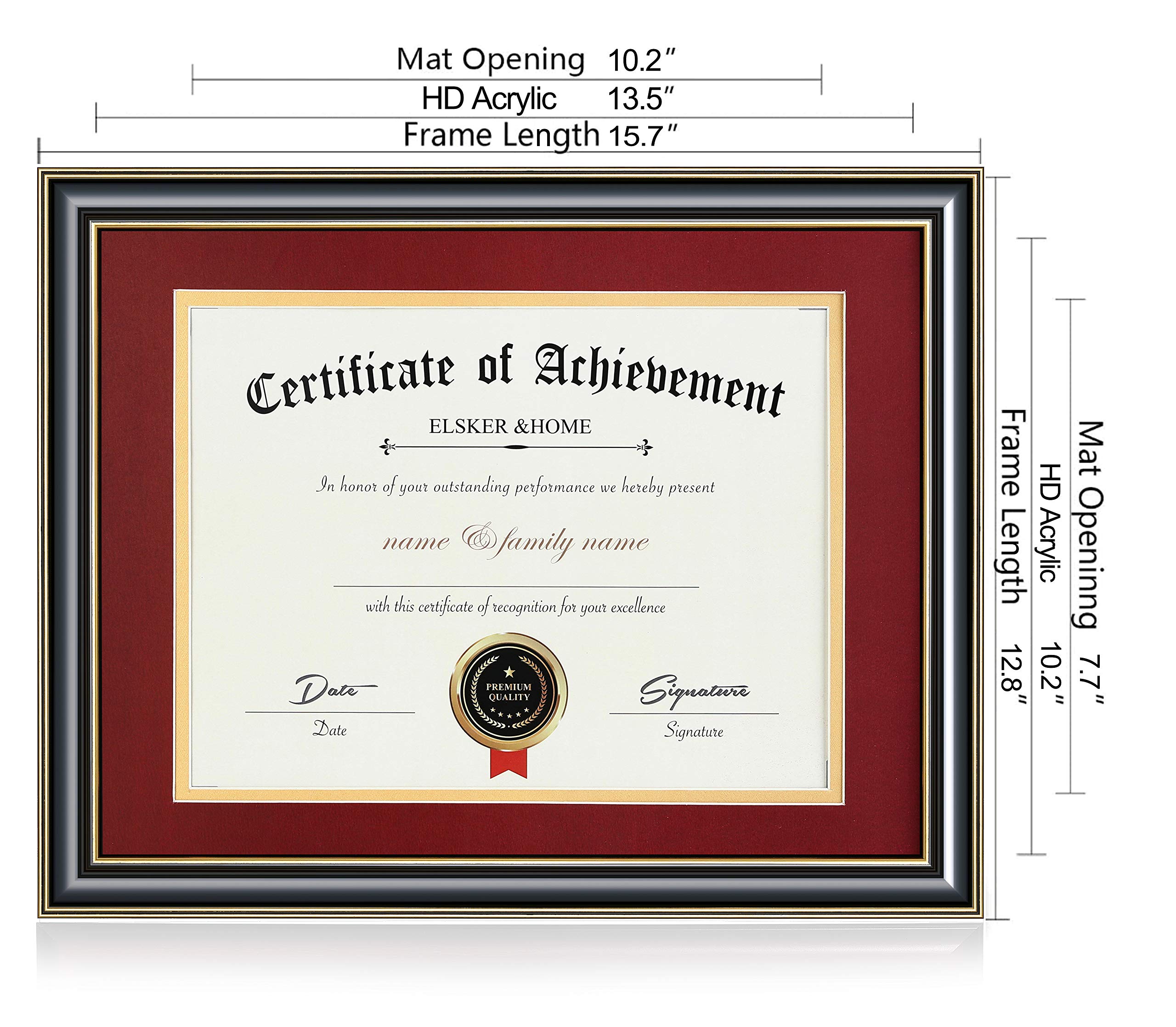 ELSKER&HOME 8.5x11 Document Frame - High Gloss Black Wood Color Frame - Made for Certificates Sized 8.5x11 Inch with Mat and 11x14 Inch Without Mat (Double Mat, Red with Golden Rim)