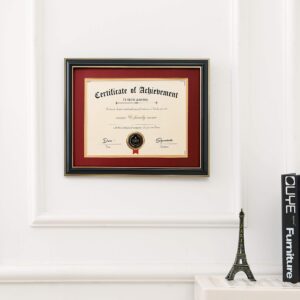 ELSKER&HOME 8.5x11 Document Frame - High Gloss Black Wood Color Frame - Made for Certificates Sized 8.5x11 Inch with Mat and 11x14 Inch Without Mat (Double Mat, Red with Golden Rim)