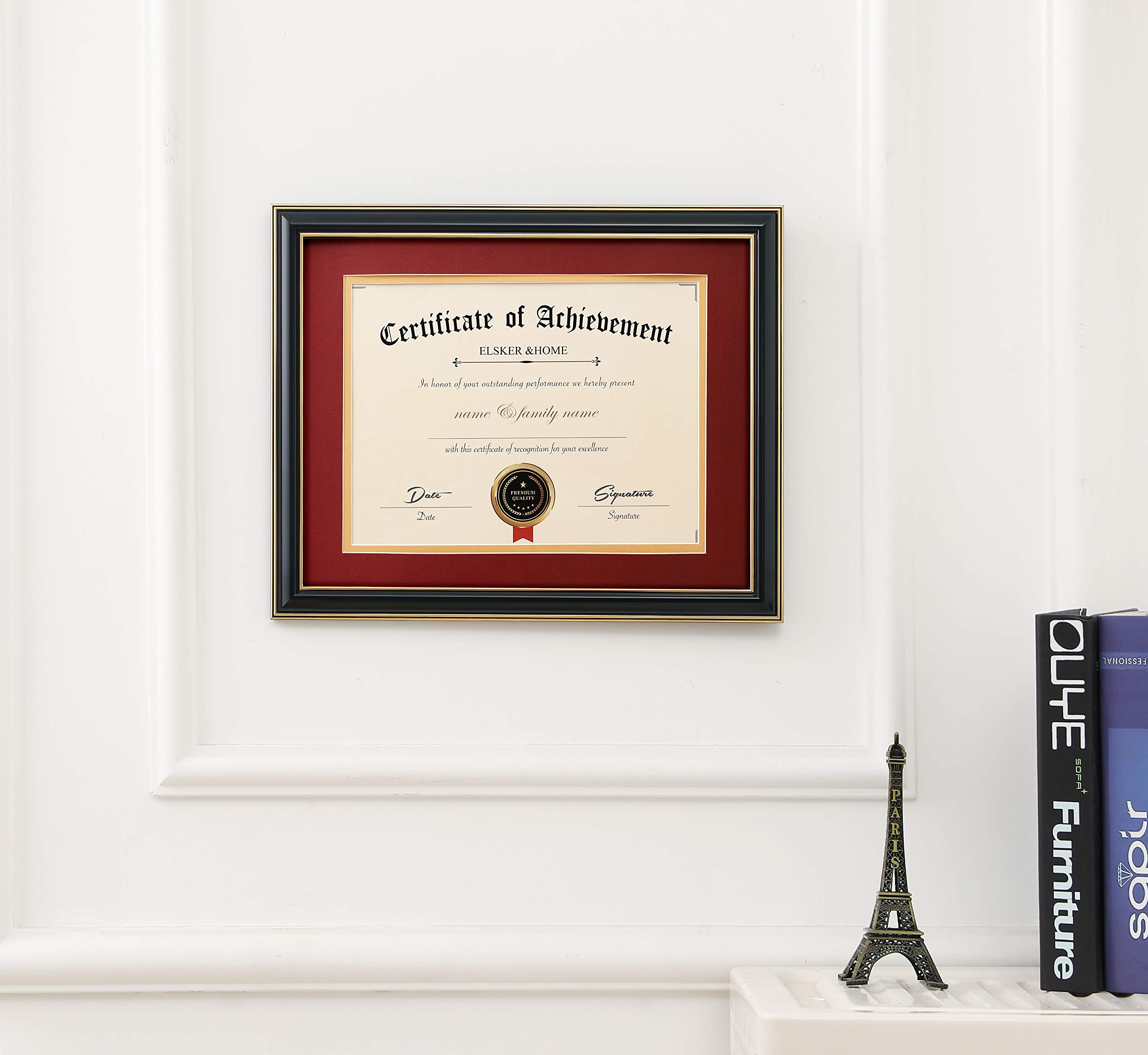 ELSKER&HOME 8.5x11 Document Frame - High Gloss Black Wood Color Frame - Made for Certificates Sized 8.5x11 Inch with Mat and 11x14 Inch Without Mat (Double Mat, Red with Golden Rim)