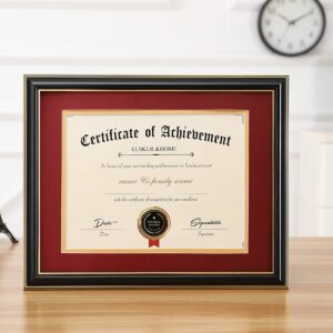 ELSKER&HOME 8.5x11 Document Frame - High Gloss Black Wood Color Frame - Made for Certificates Sized 8.5x11 Inch with Mat and 11x14 Inch Without Mat (Double Mat, Red with Golden Rim)