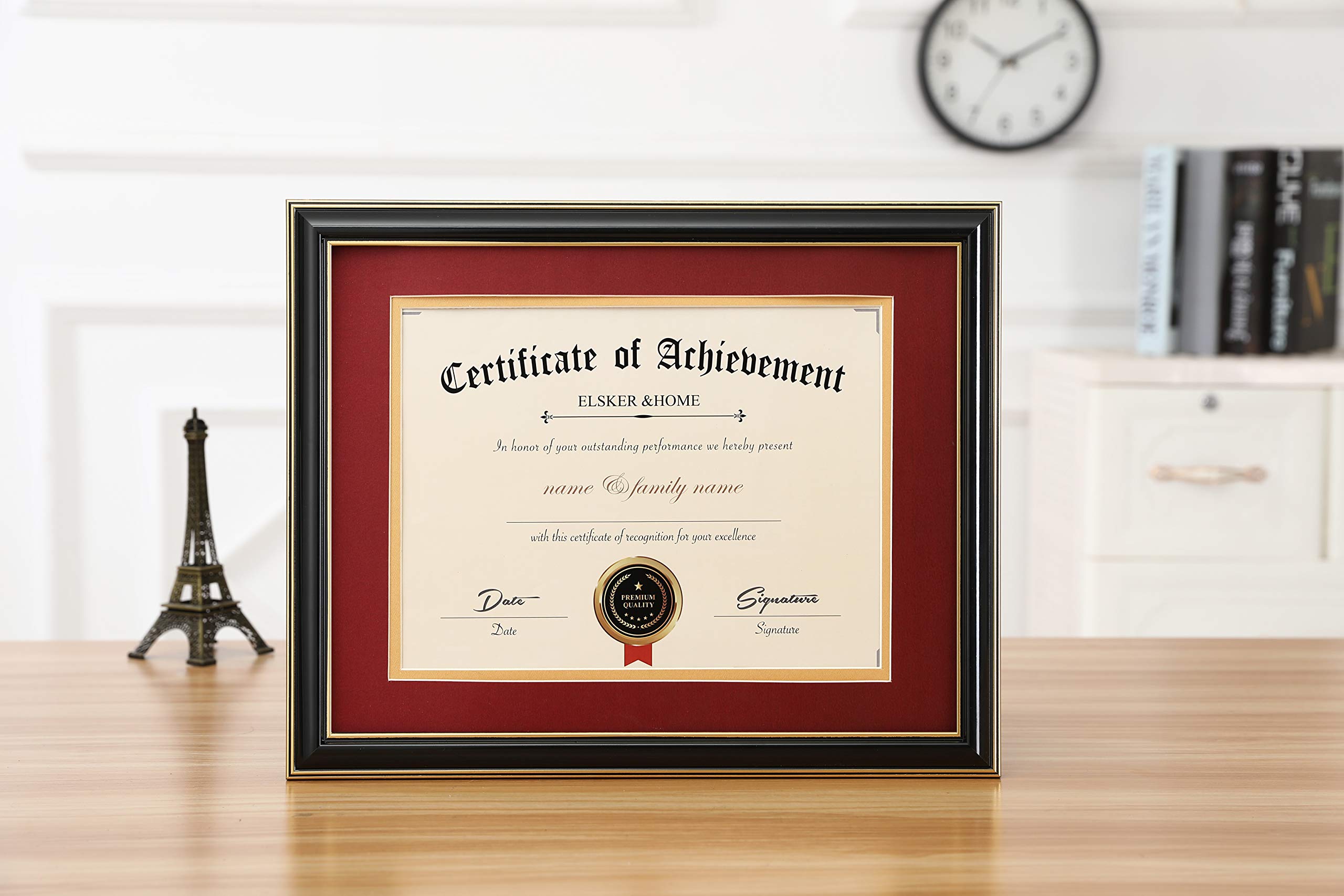 ELSKER&HOME 8.5x11 Document Frame - High Gloss Black Wood Color Frame - Made for Certificates Sized 8.5x11 Inch with Mat and 11x14 Inch Without Mat (Double Mat, Red with Golden Rim)