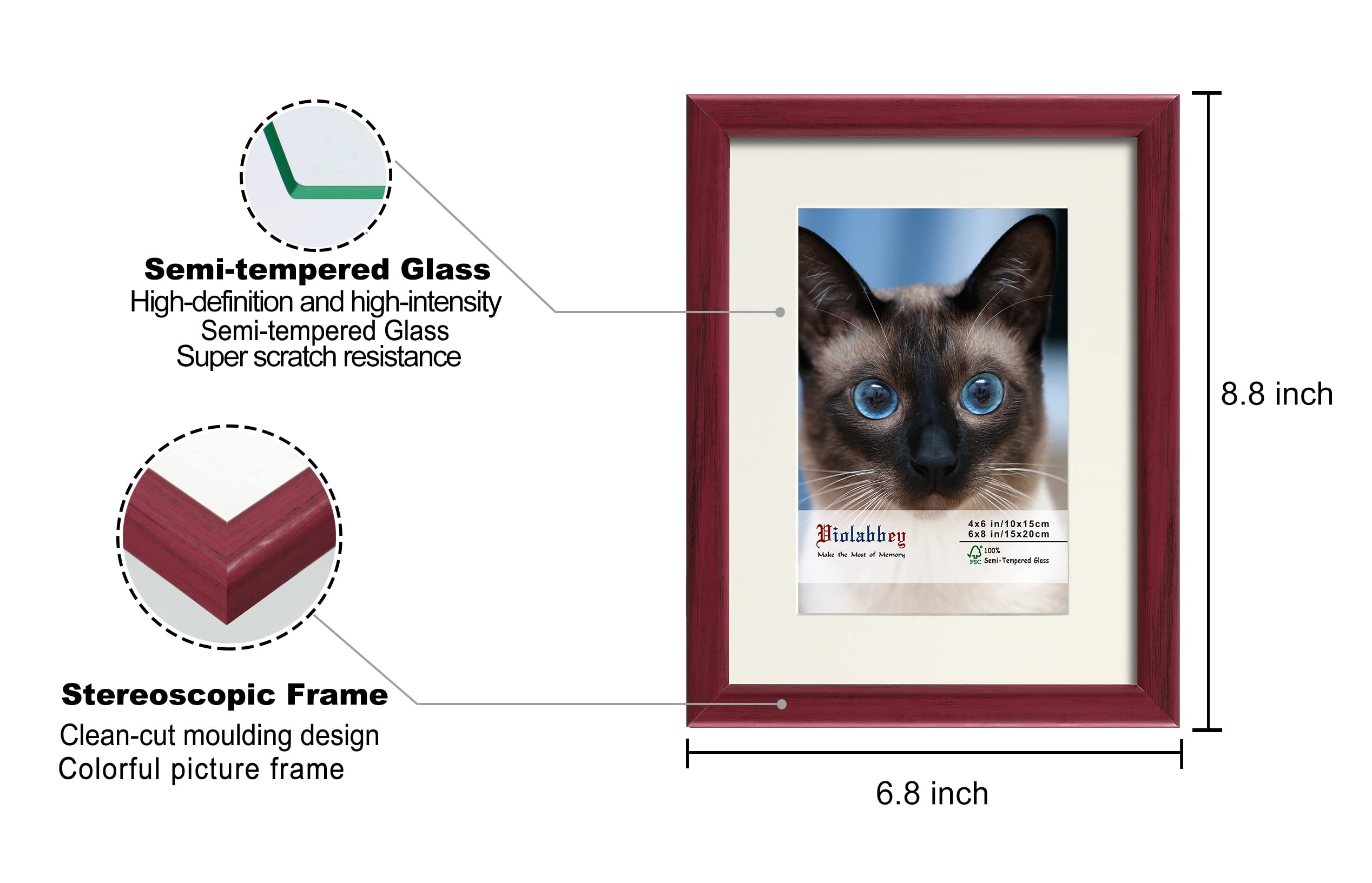 VIOLABBEY 6x8 Picture Frame Red, Photo Frame Set of 4, Display 4x6 Photo with Mat and 6x8 without Mat, Wall or Tabletop, HD Real Glass