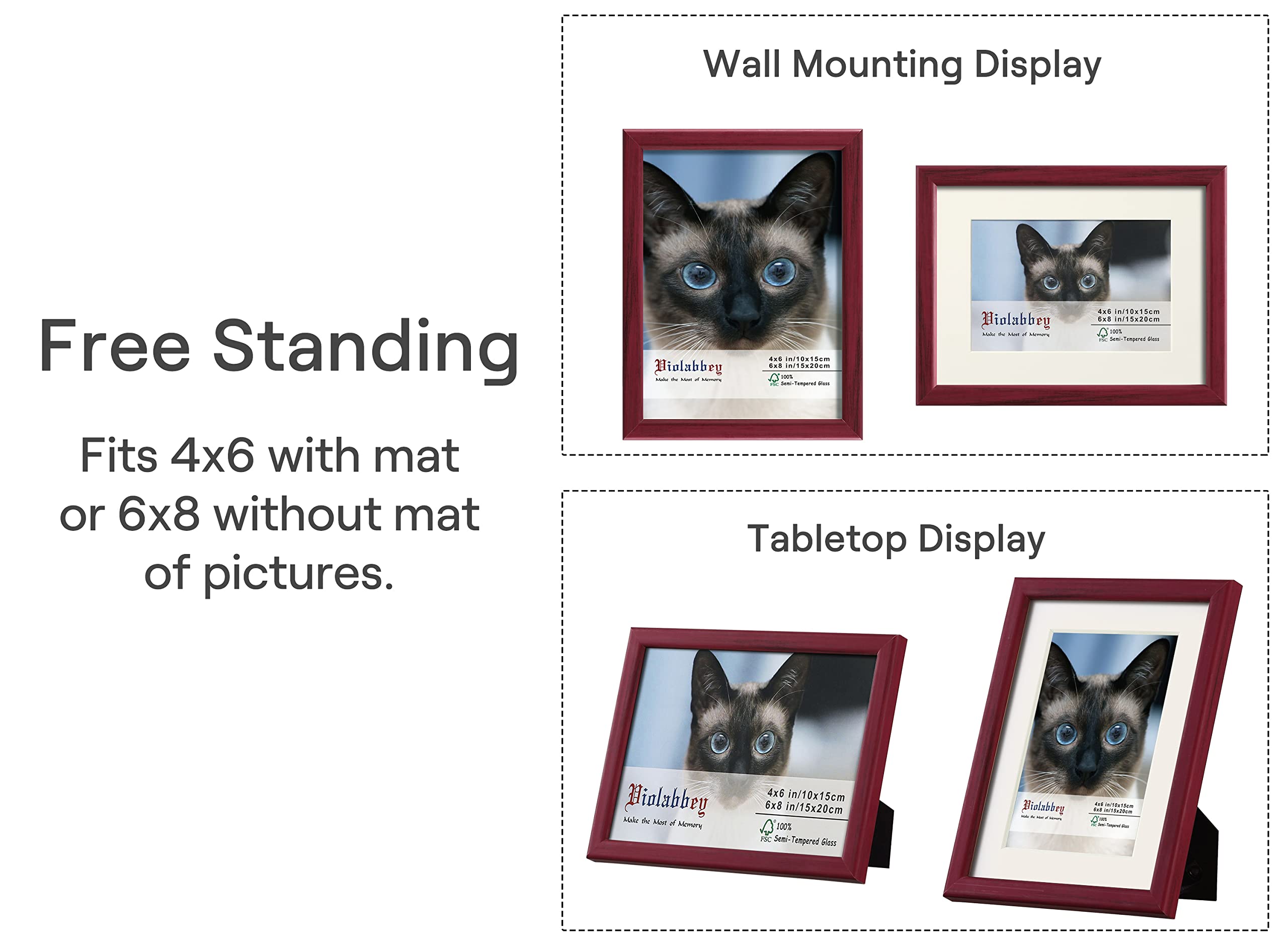 VIOLABBEY 6x8 Picture Frame Red, Photo Frame Set of 4, Display 4x6 Photo with Mat and 6x8 without Mat, Wall or Tabletop, HD Real Glass