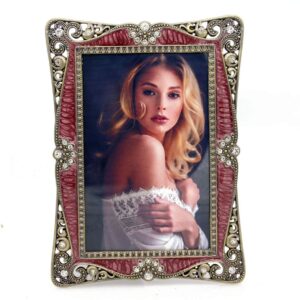 lxz vintage retro brass plated metal picture frame decorated with crystals - clear glass front cover - tabletop display vertically or horizontally, size 4 x 6 inches