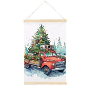 magnetic poster hanger frame, red truck light wooden magnet frame hanger for posters, prints, photos, pictures, maps, scrolls, and canvas artwork, xmas tree wall hanging kit