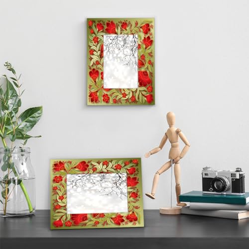 Yzrwebo Tropical Floral 4x6 Picture Frame Red Flower Leaves Wood Photo Frames High Transparent Horizontal and Vertical Tabletop Display or Wall Mounting for Family Home Gallery Office