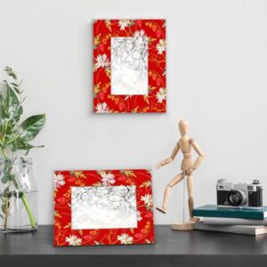 Yzrwebo Ethnica Floral 4x6 Picture Frame Red Background Wood Photo Frames High Transparent Horizontal and Vertical Tabletop Display or Wall Mounting for Family Home Gallery Office