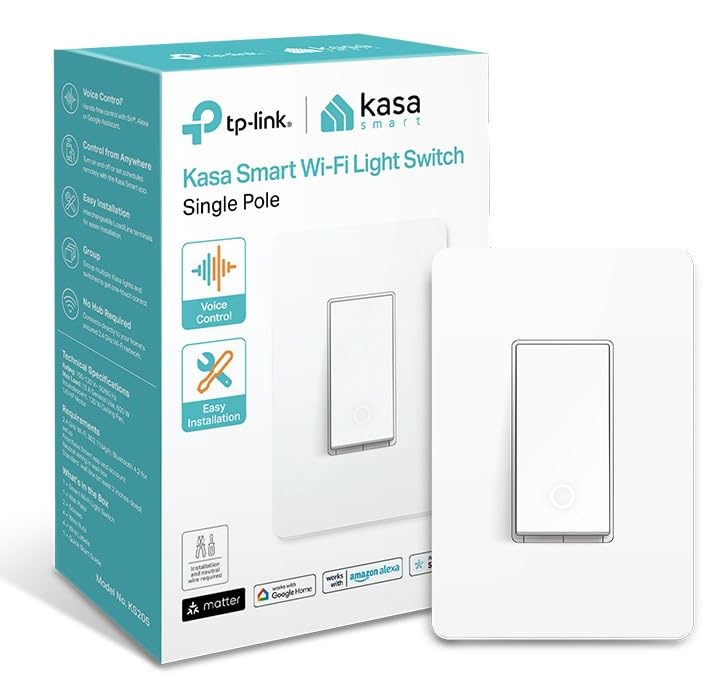 Kasa Matter Smart Light Switch: Voice Control w/Siri, Alexa & Google Assistant | UL Certified | Timer & Schedule | Easy Guided Install | Neutral Wire Required | Single Pole | 2.4GHz Wi-Fi | KS205