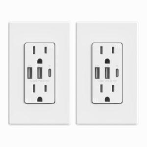 elegrp usb outlets receptacles, 3-port usb c wall outlet, 30w 6.0a usb electrical outlet, 15 amp tamper-resistant outlet with usb c ports, ul listed, screwless wall plate included, 2 pack, matte white