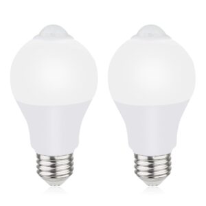 motion sensor light bulbs for outdoor indoor, 9w a19 motion detector led bulb, 60 watt equivalent, e26 800lm 5000k daylight, dusk to dawn motion activated security lights for outside, inside (2 pack)