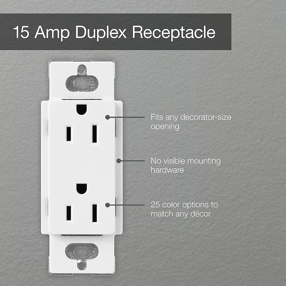 Lutron Claro 15 Amp Duplex Outlet, CAR-15-WH, White (Pack of 2)