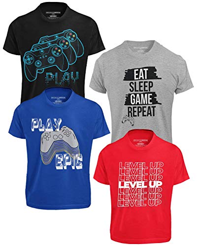 BROOKLYN VERTICAL Boys 4-Pack Short Sleeve Crew Neck T-Shirt with Chest Print | Gaming, Play, Video Gamer Prints for Sizes 6-20 Grey