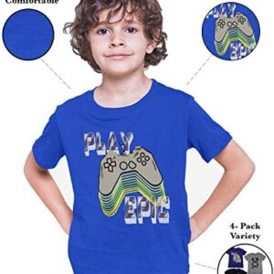 BROOKLYN VERTICAL Boys 4-Pack Short Sleeve Crew Neck T-Shirt with Chest Print | Gaming, Play, Video Gamer Prints for Sizes 6-20 Grey