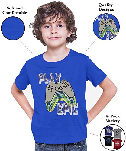 BROOKLYN VERTICAL Boys 4-Pack Short Sleeve Crew Neck T-Shirt with Chest Print | Gaming, Play, Video Gamer Prints for Sizes 6-20 Grey