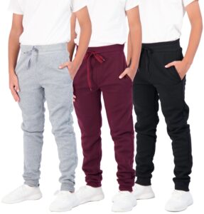 3 pack: boys girls youth teen active athletic basic soft tech sports fleece jogger soccer track gym running slim fit tapered sweatpants casual french terry quick dry fit pockets-set 2,m(10/12)