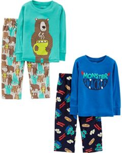 simple joys by carter's boys' 4-piece pajama set (cotton top & fleece bottom), blue/grey bear/turquoise green/junk food monster, 4t