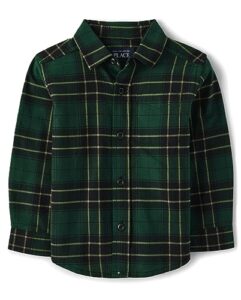 the children's place baby boys' and toddler long sleeve flannel button up shirt, green plaid, 3t