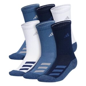 adidas kids-boy's/girl's cushioned angle stripe crew socks (6-pair), white/collegiate navy/wonder steel blue, large