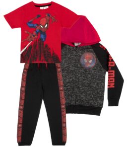 marvel spiderman boys 3 piece fleece pants set, spider-man zip-up hoodie, t-shirt, and pants 3-pack bundle set (black/grey/red, size 3t)