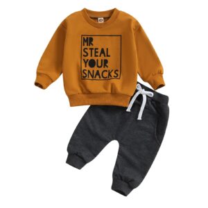 frietlebird toddler baby boy clothes crewneck sweatshirt long sleeve letter print shirt with elastic waist pants set fall winter outfits(la-brown mr steal your snacks,12-18 months)