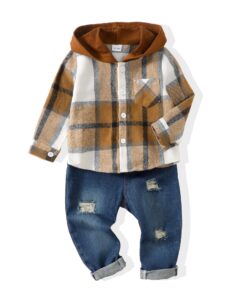 renotemy toddler boy outfits 2t winter outfits size 3t warm little boy clothes 2yr old fall flannel plaid hooded sweatsuit denim pants sets fall baby jeans clothing 2t boy clothes 3t