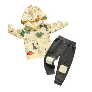 infant baby boy clothes dinosaur print hoodie tops + pants sweatsuit outfits (12-18 months) light yellow