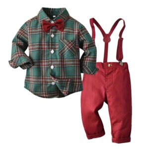 moyikiss studio toddler dress suit baby boys gentleman clothes sets bow ties shirts + suspenders pants outfits (green, 90/18-24m)