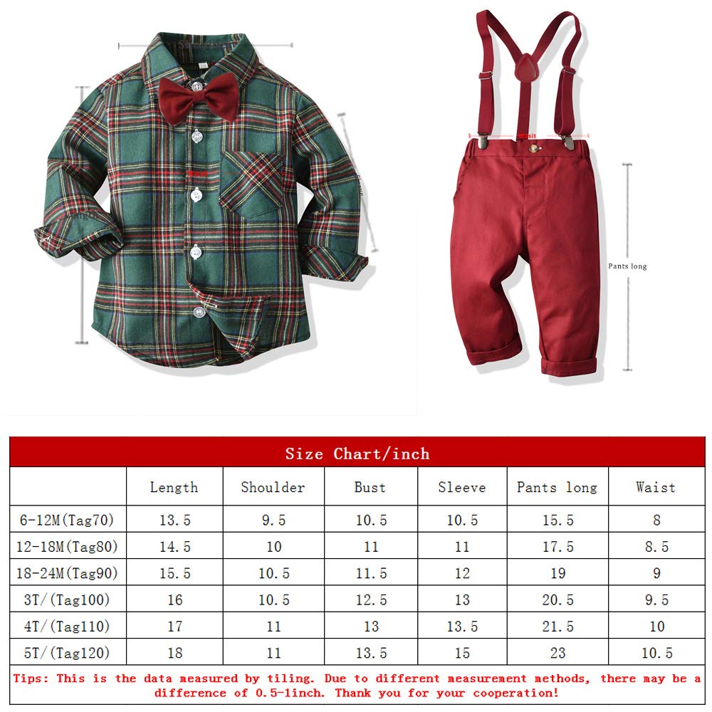 Moyikiss Studio Toddler Dress Suit Baby Boys Gentleman Clothes Sets Bow Ties Shirts + Suspenders Pants Outfits (Green, 90/18-24M)