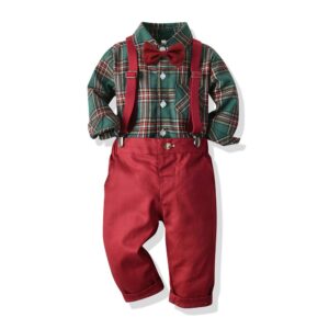 Moyikiss Studio Toddler Dress Suit Baby Boys Gentleman Clothes Sets Bow Ties Shirts + Suspenders Pants Outfits (Green, 90/18-24M)