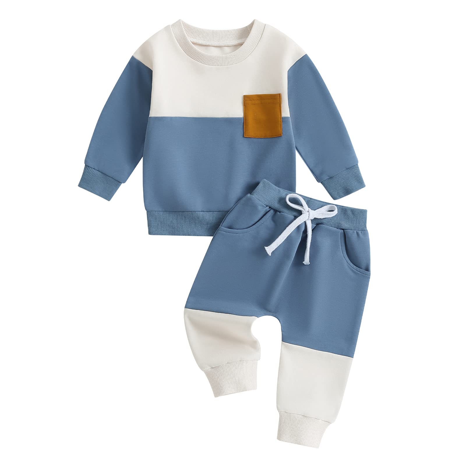 Hnyenmcko Toddler Baby Boy Clothes Long Sleeve Striped Crewneck T-Shirt Top + Solid Drawstring Pants Set Infant Fall Outfits (A-Blue, 2-3 Years)