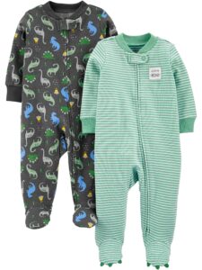 simple joys by carter's baby boys' 2-pack 2-way zip cotton footed sleep and play, dark grey dinosaur/mint green stripe, 3-6 months