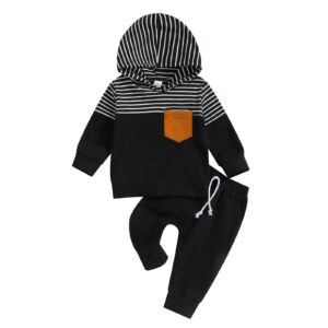 douhoow infant fall baby outfit baby boy hoodies hoody sweatshirt drawstring pants baby boy clothes set (black stripes, 6-12 months)