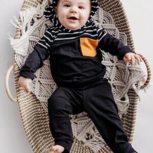 Douhoow Infant Fall Baby Outfit Baby Boy Hoodies Hoody Sweatshirt Drawstring Pants Baby Boy Clothes Set (Black stripes, 6-12 Months)