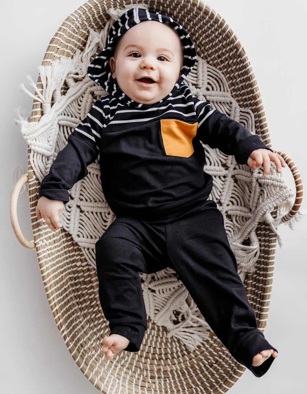 Douhoow Infant Fall Baby Outfit Baby Boy Hoodies Hoody Sweatshirt Drawstring Pants Baby Boy Clothes Set (Black stripes, 6-12 Months)