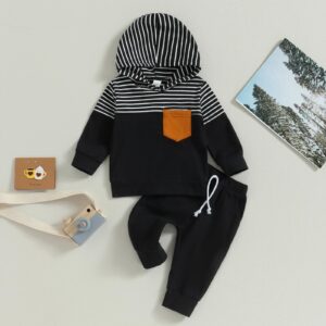 Douhoow Infant Fall Baby Outfit Baby Boy Hoodies Hoody Sweatshirt Drawstring Pants Baby Boy Clothes Set (Black stripes, 6-12 Months)