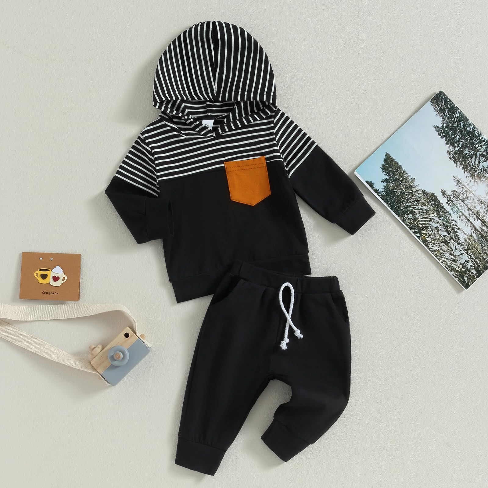 Douhoow Infant Fall Baby Outfit Baby Boy Hoodies Hoody Sweatshirt Drawstring Pants Baby Boy Clothes Set (Black stripes, 6-12 Months)