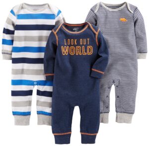 simple joys by carter's baby 3-pack jumpsuits, grey, multi stripe, navy stripe, 12 month