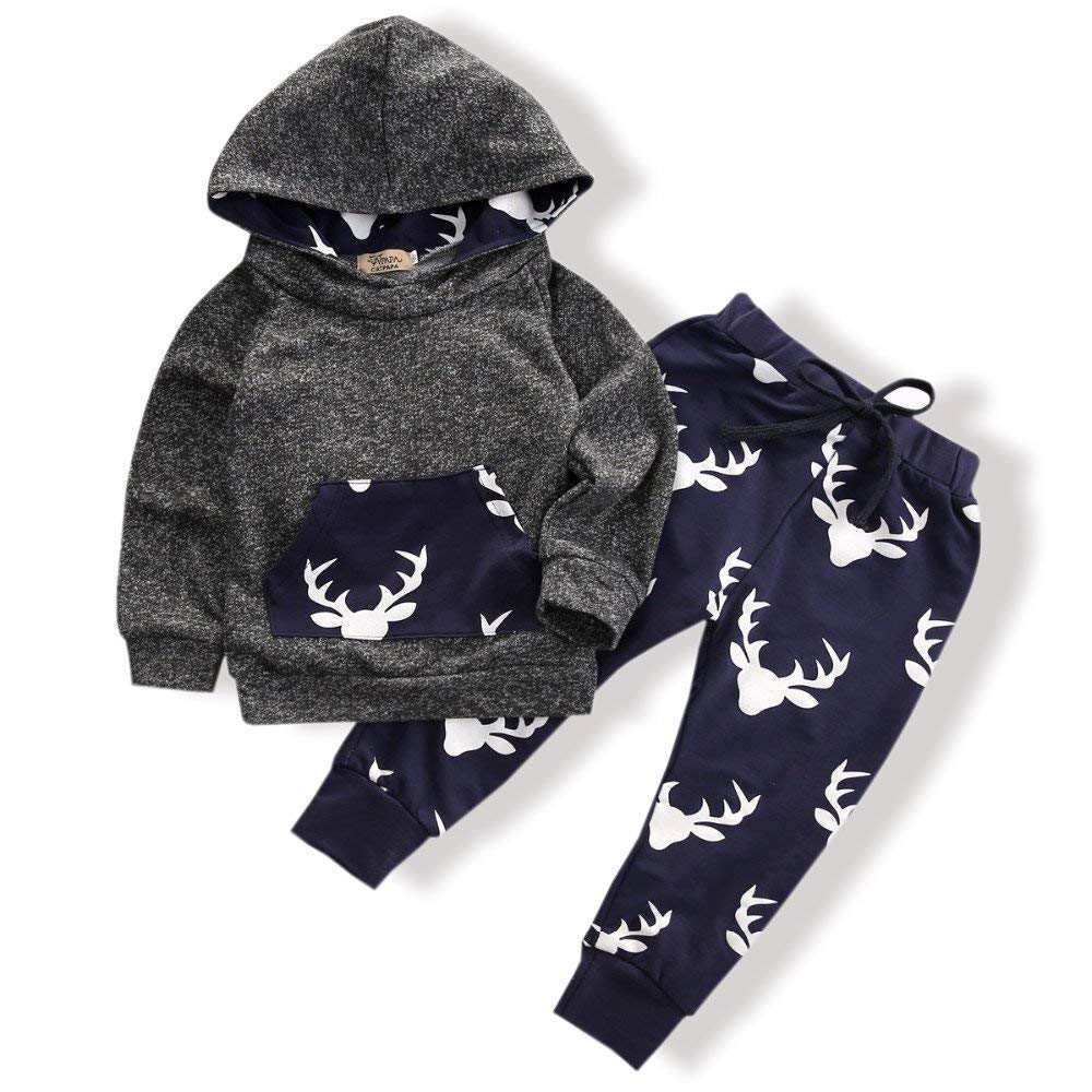 oklady Fall Toddler Baby Boy Clothes Deer Long Sleeve Hoodie Tops Sweatsuit Pants Winter Outfit Set(18-24 Months)