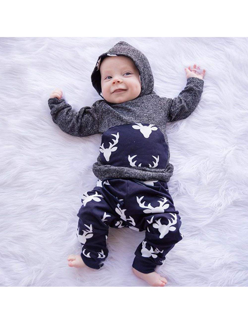 oklady Fall Toddler Baby Boy Clothes Deer Long Sleeve Hoodie Tops Sweatsuit Pants Winter Outfit Set(18-24 Months)