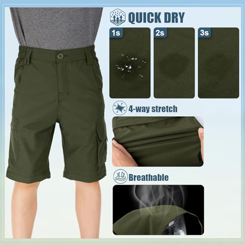 linlon Kids' Cargo Pants, Boy's Casual Outdoor Quick Dry Waterproof Hiking Climbing Convertible Trousers #9016-Army Green-M