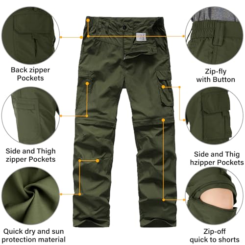 linlon Kids' Cargo Pants, Boy's Casual Outdoor Quick Dry Waterproof Hiking Climbing Convertible Trousers #9016-Army Green-M