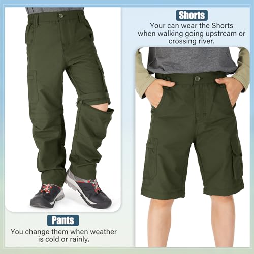 linlon Kids' Cargo Pants, Boy's Casual Outdoor Quick Dry Waterproof Hiking Climbing Convertible Trousers #9016-Army Green-M