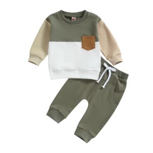 rarjuiey toddler baby boy clothes color block pullover sweatshirt top elastic waist pockets joggers pants 2pcs fall outfit (army green,0-6 months)